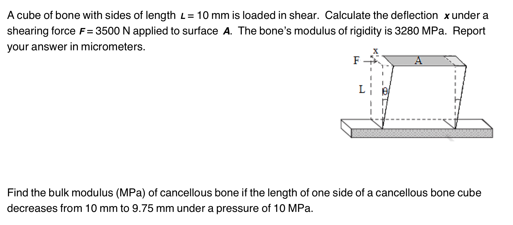 Solved A cube of bone with sides of length L = 10 mm is | Chegg.com