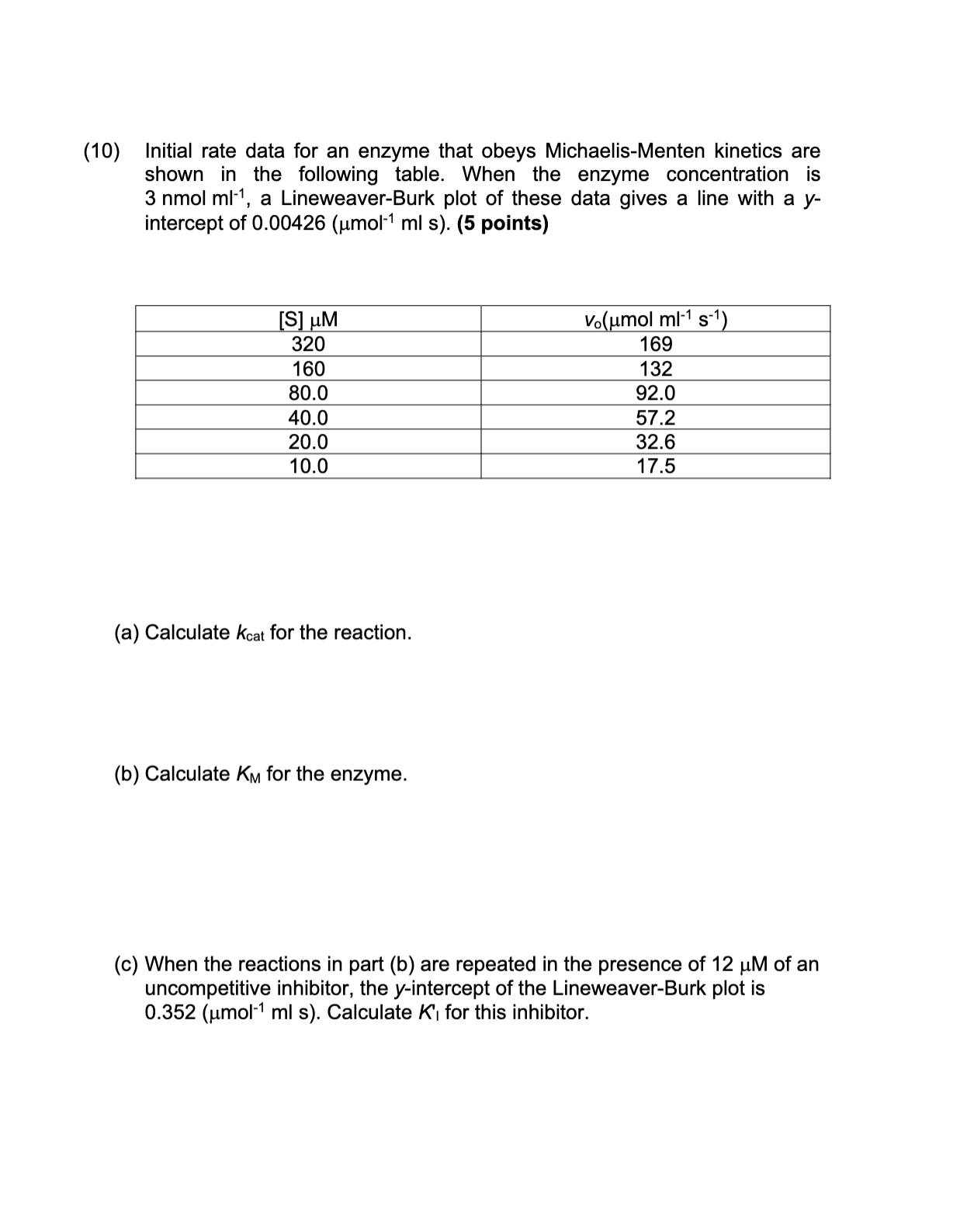 Solved 10 Initial Rate Data For An Enzyme That Obeys