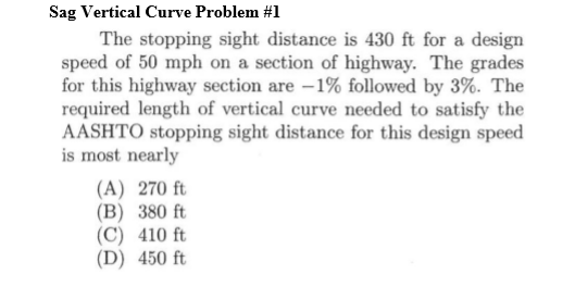 Solved Sag Vertical Curve Problem #1 The stopping sight | Chegg.com