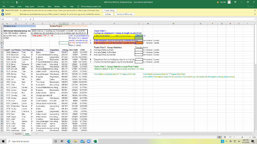 2120-1A-Ex-Mini Protected View] - Excel Unlicensed | Chegg.com