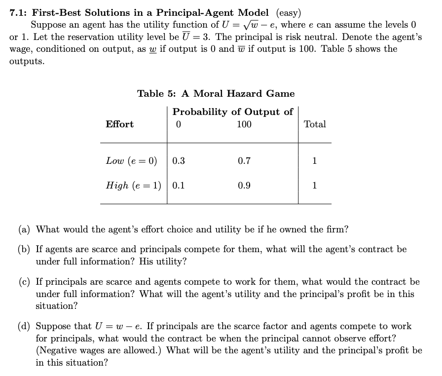 7.1: First-Best Solutions in a Principal-Agent Model | Chegg.com