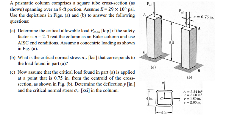 Solved Pall Pal A -e = 0.75 in. А 8 ft A prismatic column | Chegg.com