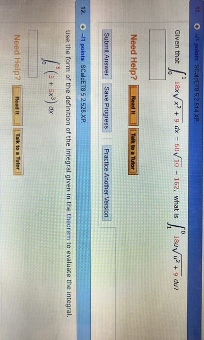 Solved 11. O -1 points SCalcET8 5.2.514 XP 0 18xVx2+3 dx = | Chegg.com Solved 11. O -1 points SCalcET8 5.2.514 XP 0 18xVx2+3 dx = | Chegg.com