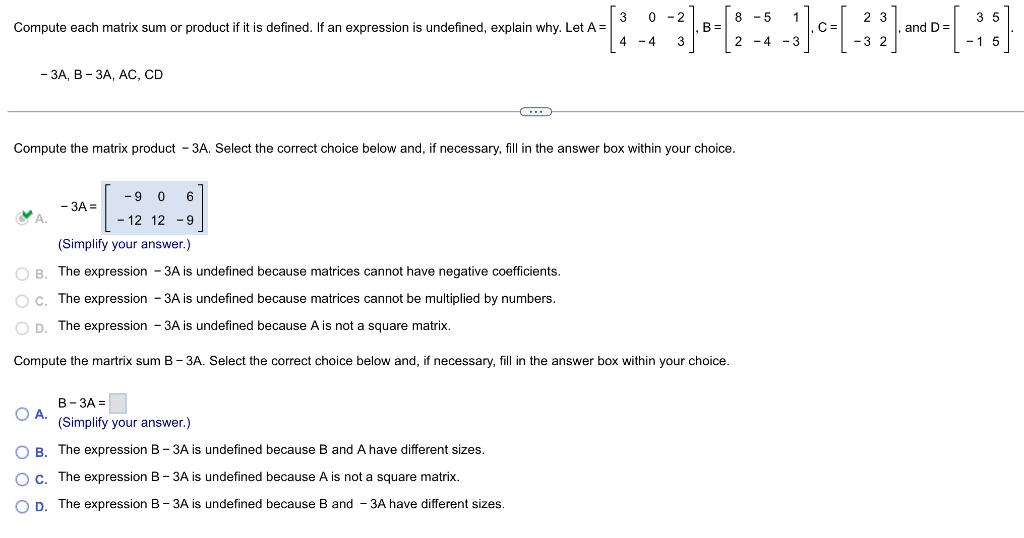 Solved Compute each matrix sum or product if it is defined. | Chegg.com