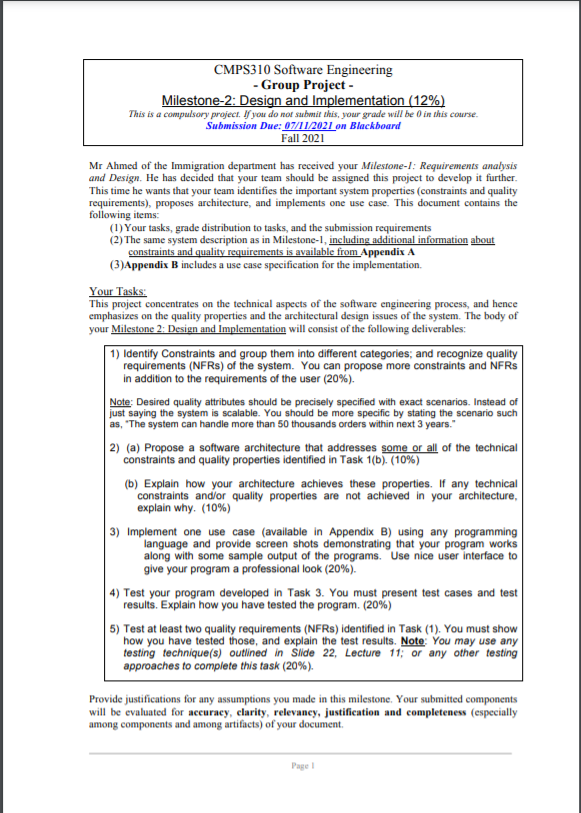 CMPS310 Software Engineering - Group Project - | Chegg.com