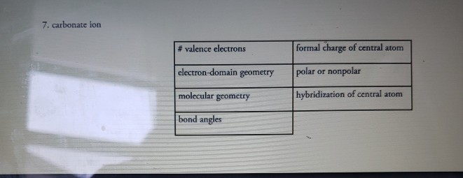Solved 7. carbonate ion #valence electrons formal charge of | Chegg.com
