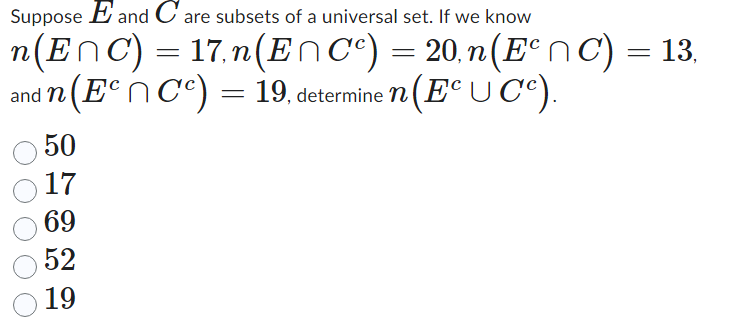 Solved Suppose E ﻿and C ﻿are subsets of a universal set. If | Chegg.com