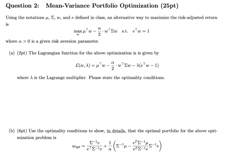 Question 2: Mean-Variance Portfolio Optimization | Chegg.com
