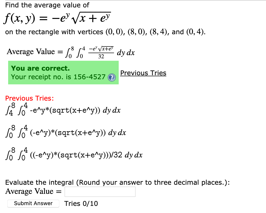 Solved Find the average value of f(x, y) = −e x + e) on the | Chegg.com