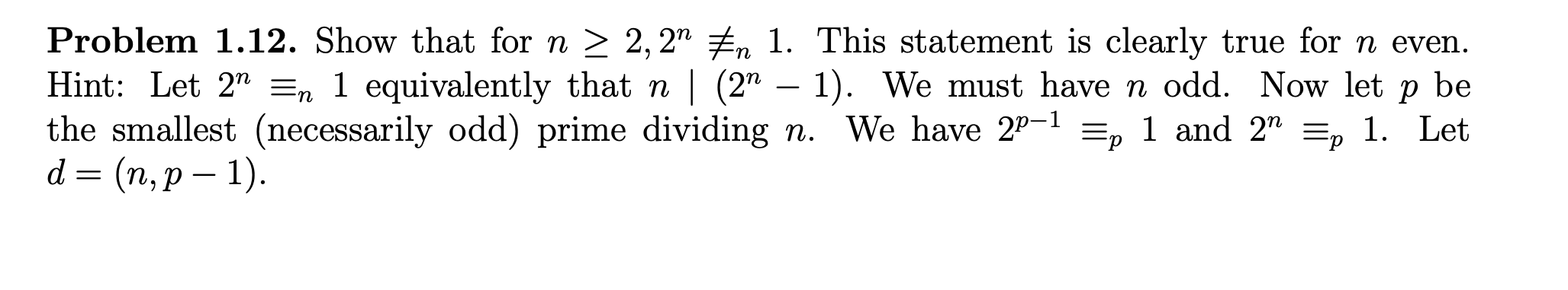 Solved Problem 1.12. Show that for n≥2,2n ≡n1. This | Chegg.com