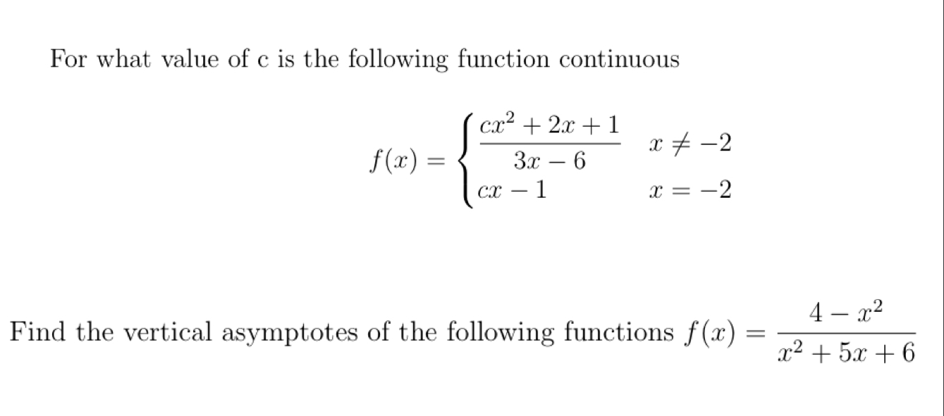 Solved For what value of c is the following function | Chegg.com