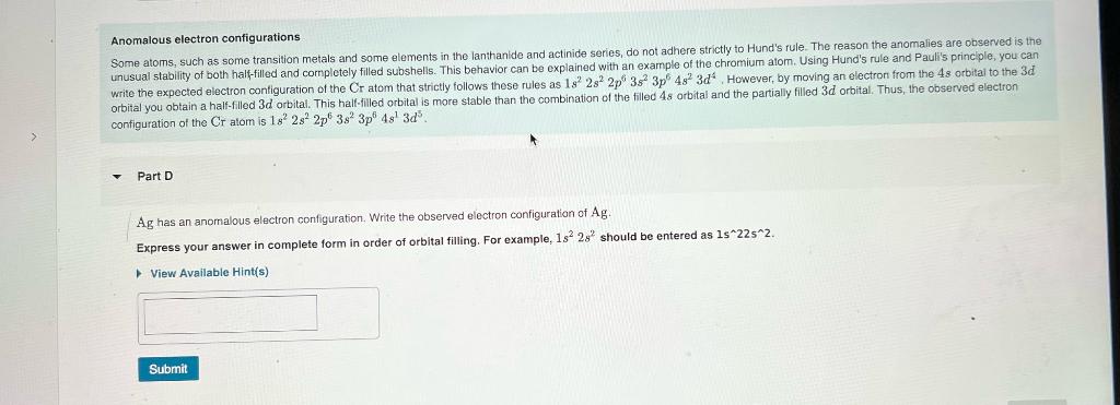 Solved Anomalous electron configurations Some atoms, such as | Chegg.com