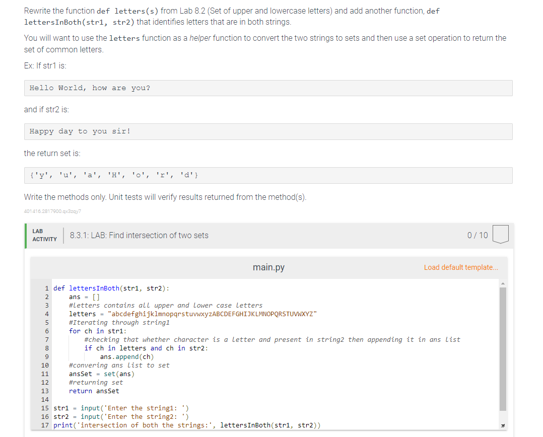 Solved Rewrite the function def letters (s) from Lab 8.2 | Chegg.com Solved Rewrite the function def letters (s) from Lab 8.2 | Chegg.com