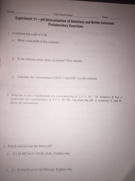 Solved Name Lab Instructor Experiment 11-pH Determination of | Chegg.com