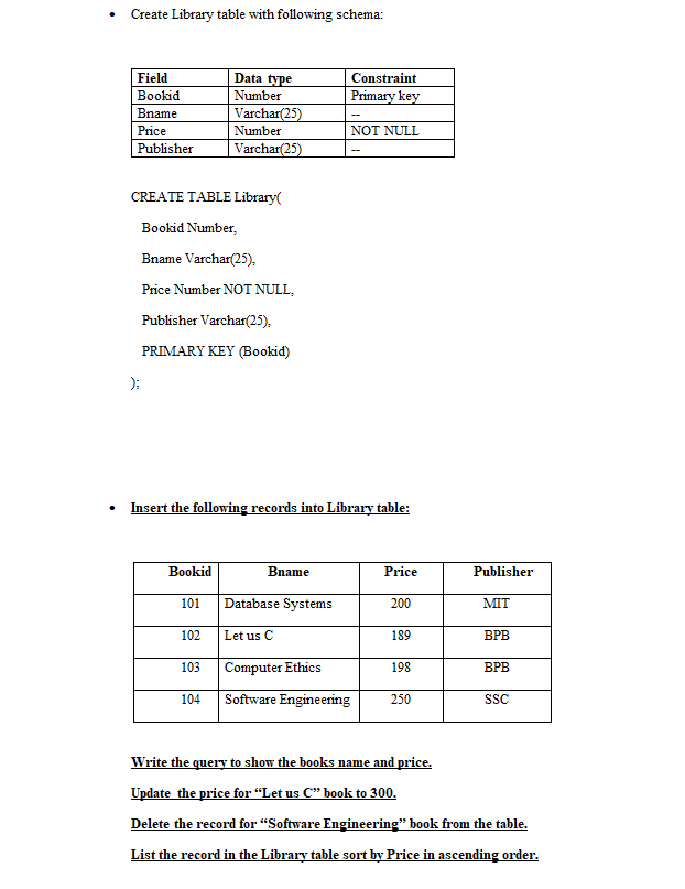 Solved • Create Library table with following schema: | Chegg.com