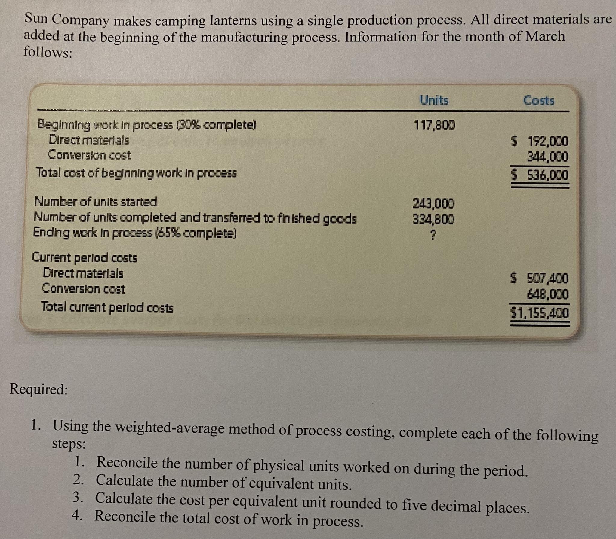 Solved Sun Company makes camping lanterns using a single | Chegg.com