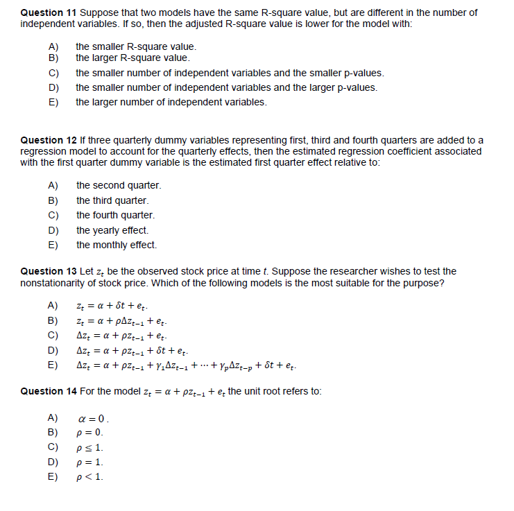 Question 11 Suppose that two models have the same | Chegg.com