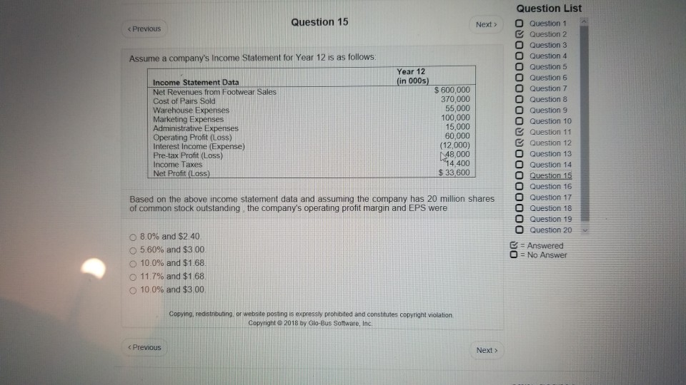 Solved Question List Question 7 Next O Question 1 Previous | Chegg.com