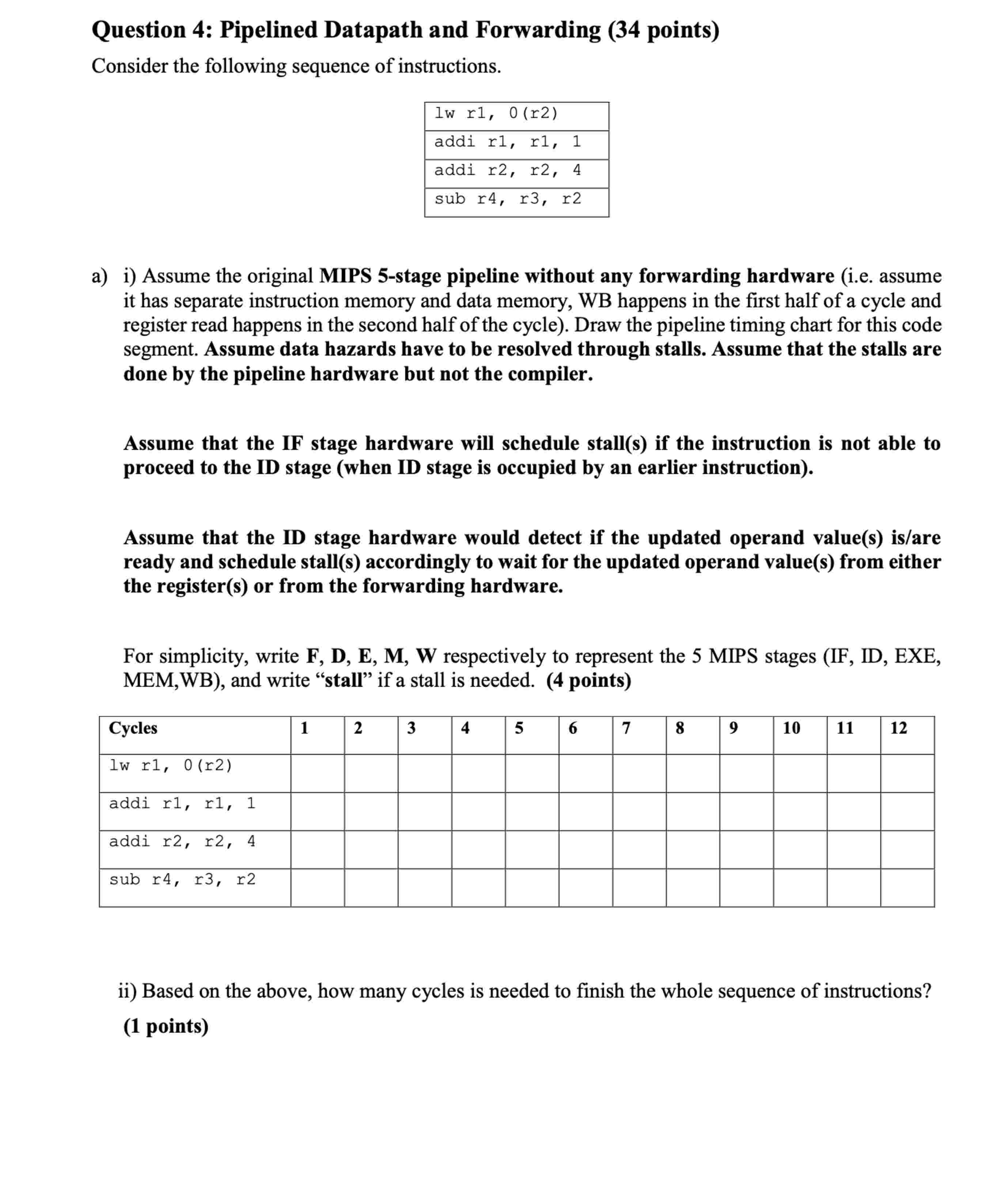 Solved Question 4: Pipelined Datapath and Forwarding (34 | Chegg.com