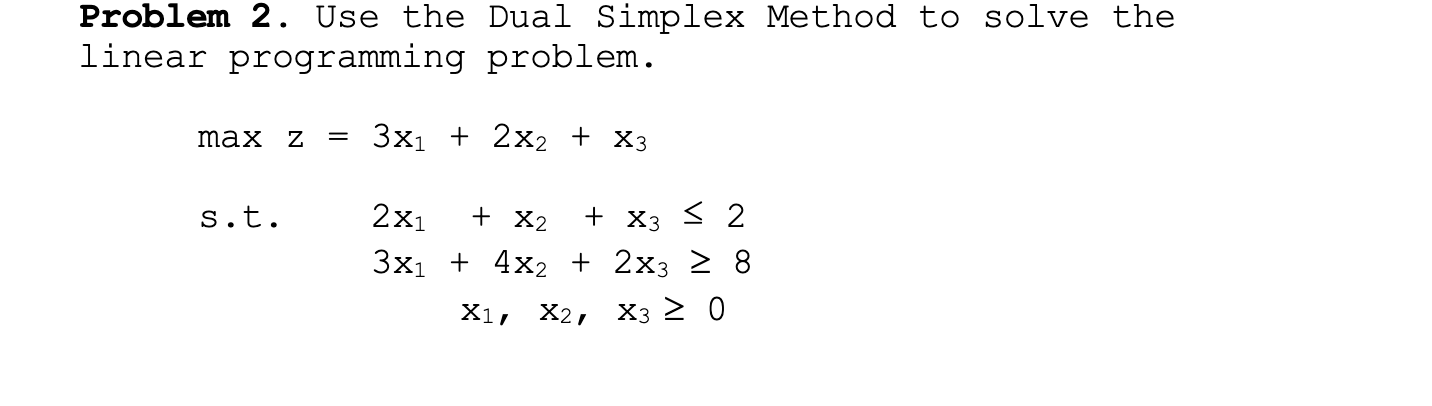 Solved Problem 2. Use the Dual Simplex Method to solve the | Chegg.com