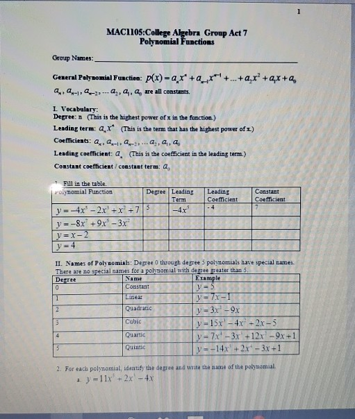 Solved MAC1105:College Algebra Group Act 7 Polynomial | Chegg.com