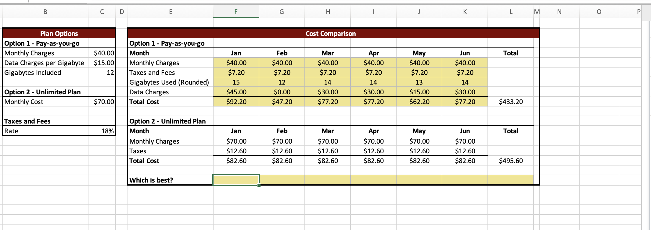Complete the Which is best? row (F17:L17) ﻿of the | Chegg.com