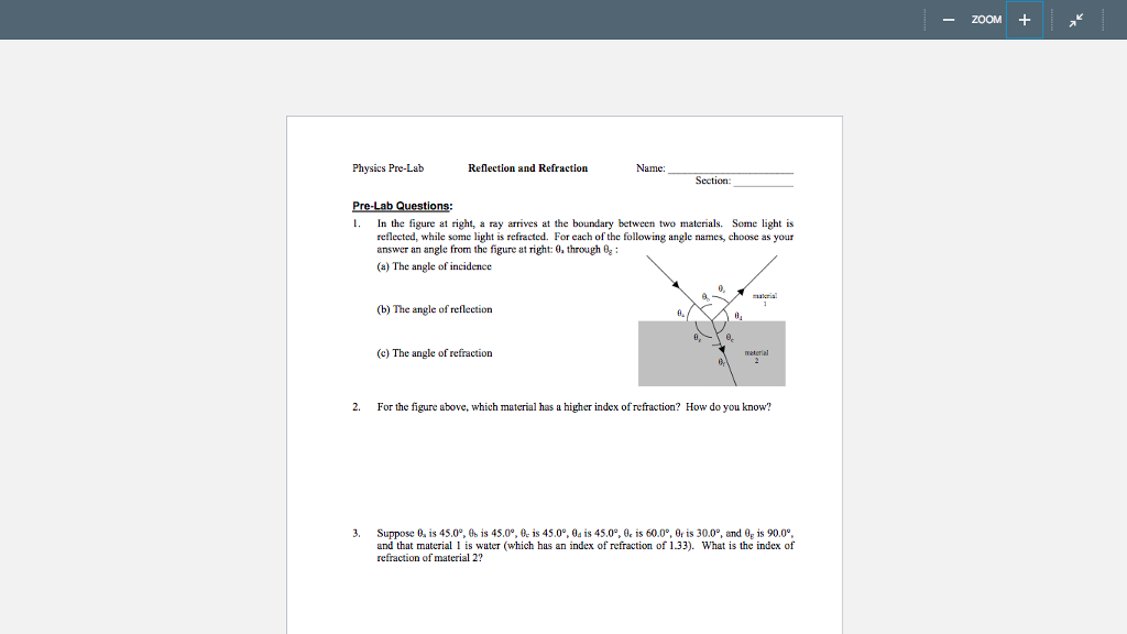 Solved ZOOM+ Physics Pre-Lab Reflectlon and Refraction Name: | Chegg.com