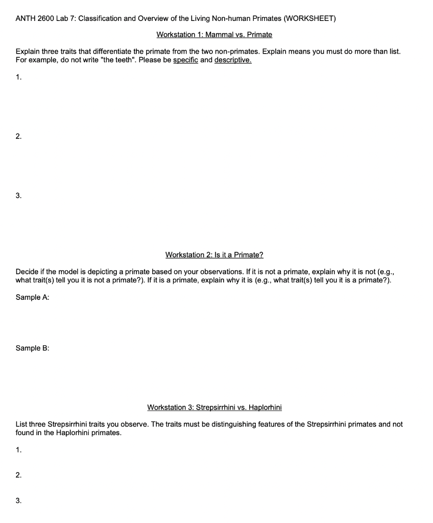 ANTH 2600 Lab 7: Classification and Overview of the | Chegg.com