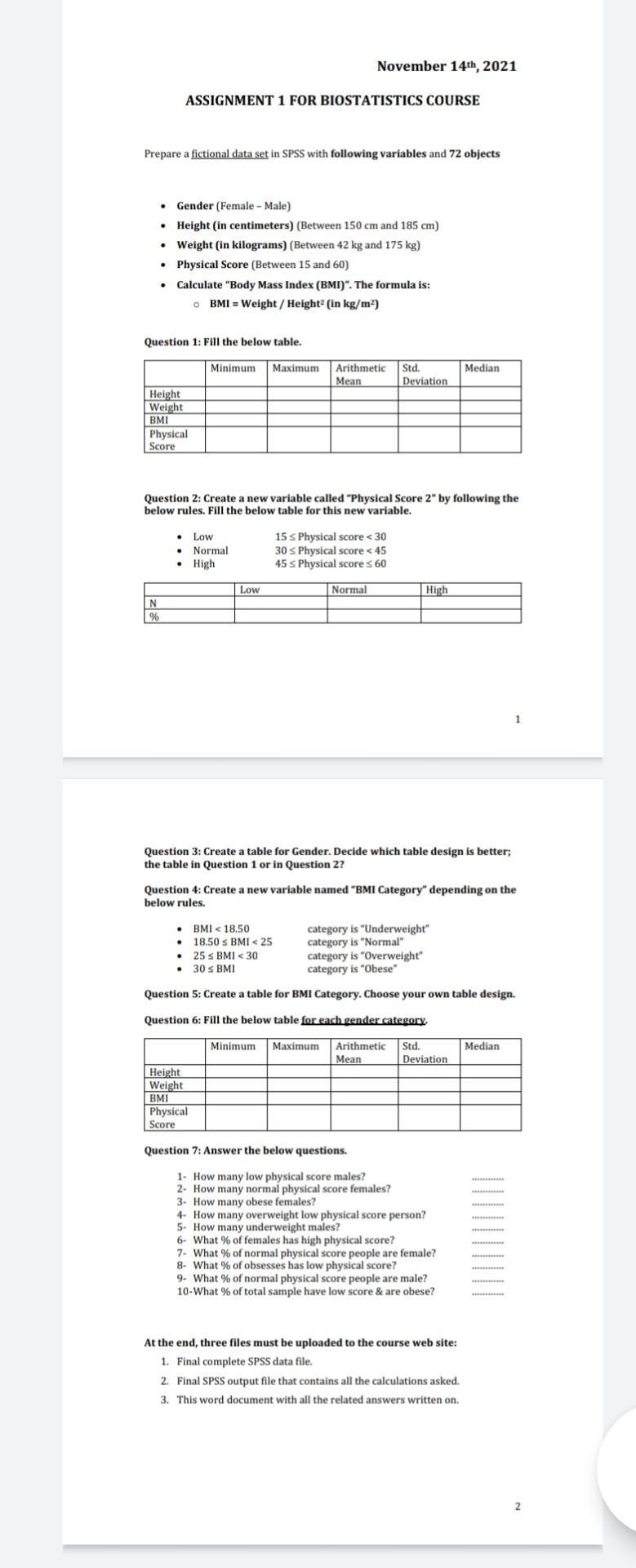 Solved November 14th, 2021 ASSIGNMENT 1 FOR BIOSTATISTICS | Chegg.com