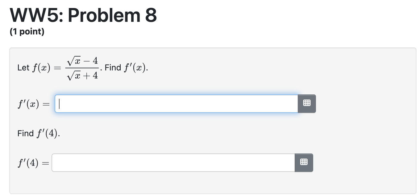 Solved Let f(x)=x+4x−4. f′(x)= Find f′(4) f′(4)= | Chegg.com
