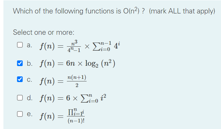 Solved Which of the following functions is O(n2)? (mark ALL | Chegg.com
