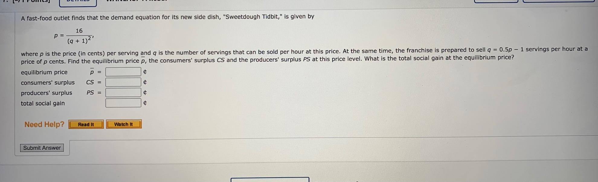 Solved A fast-food outlet finds that the demand equation for | Chegg.com