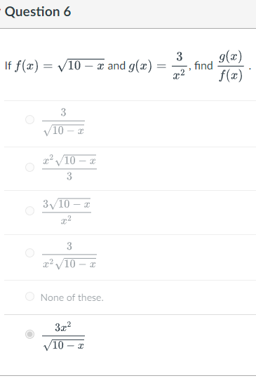 Solved If f(x)=10−x and g(x)=x23, find f(x)g(x). | Chegg.com