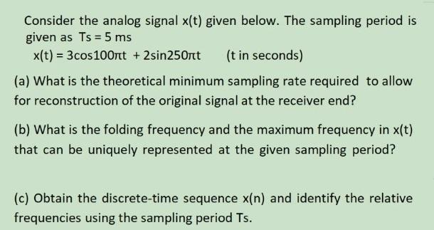 Solved Consider the analog signal x(t) given below. The | Chegg.com