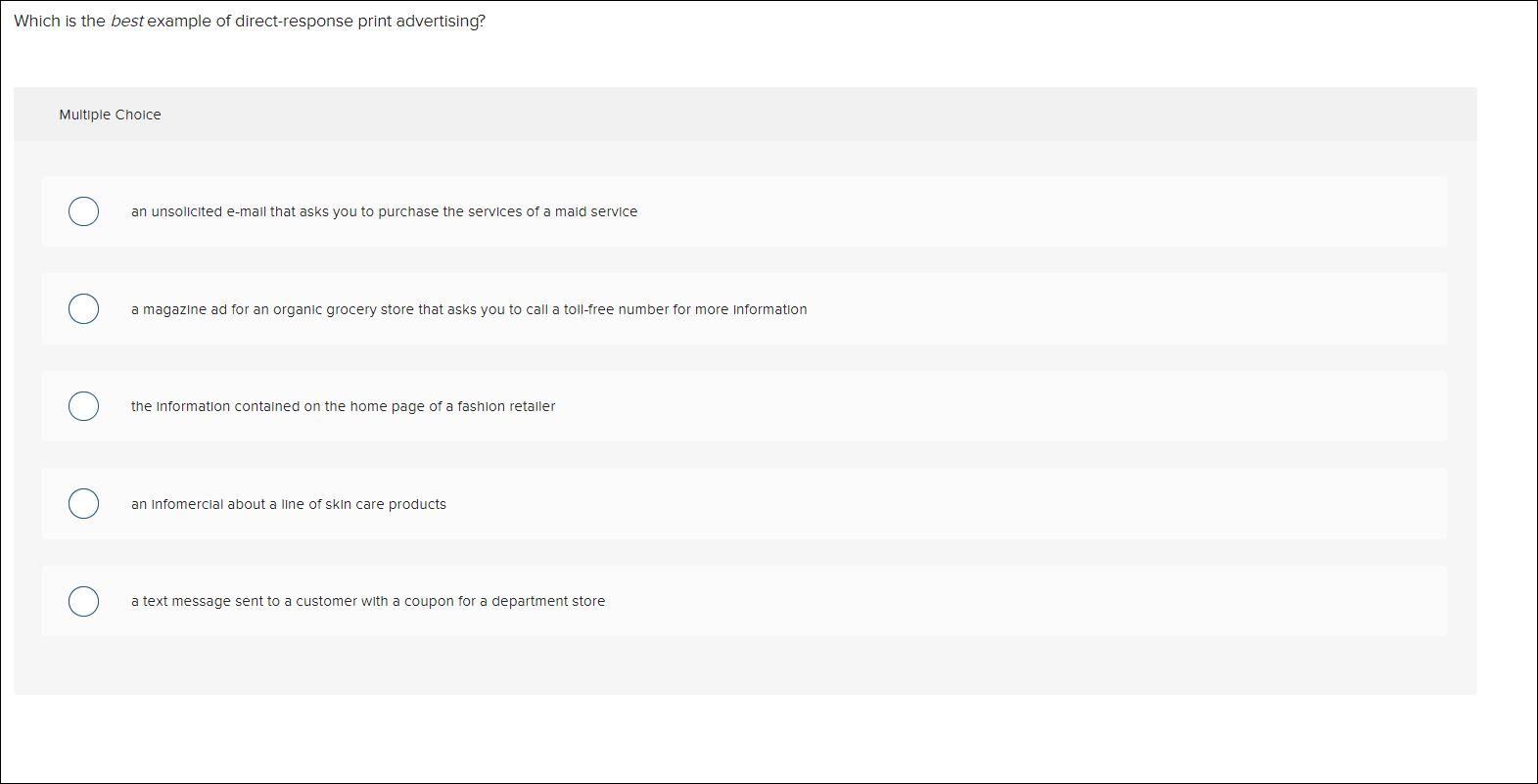 Solved Which is the best example of direct-response print | Chegg.com