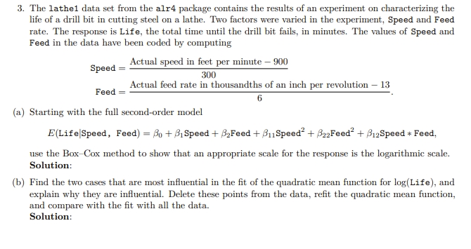 3. The lathe1 data set from the alr4 package contains | Chegg.com