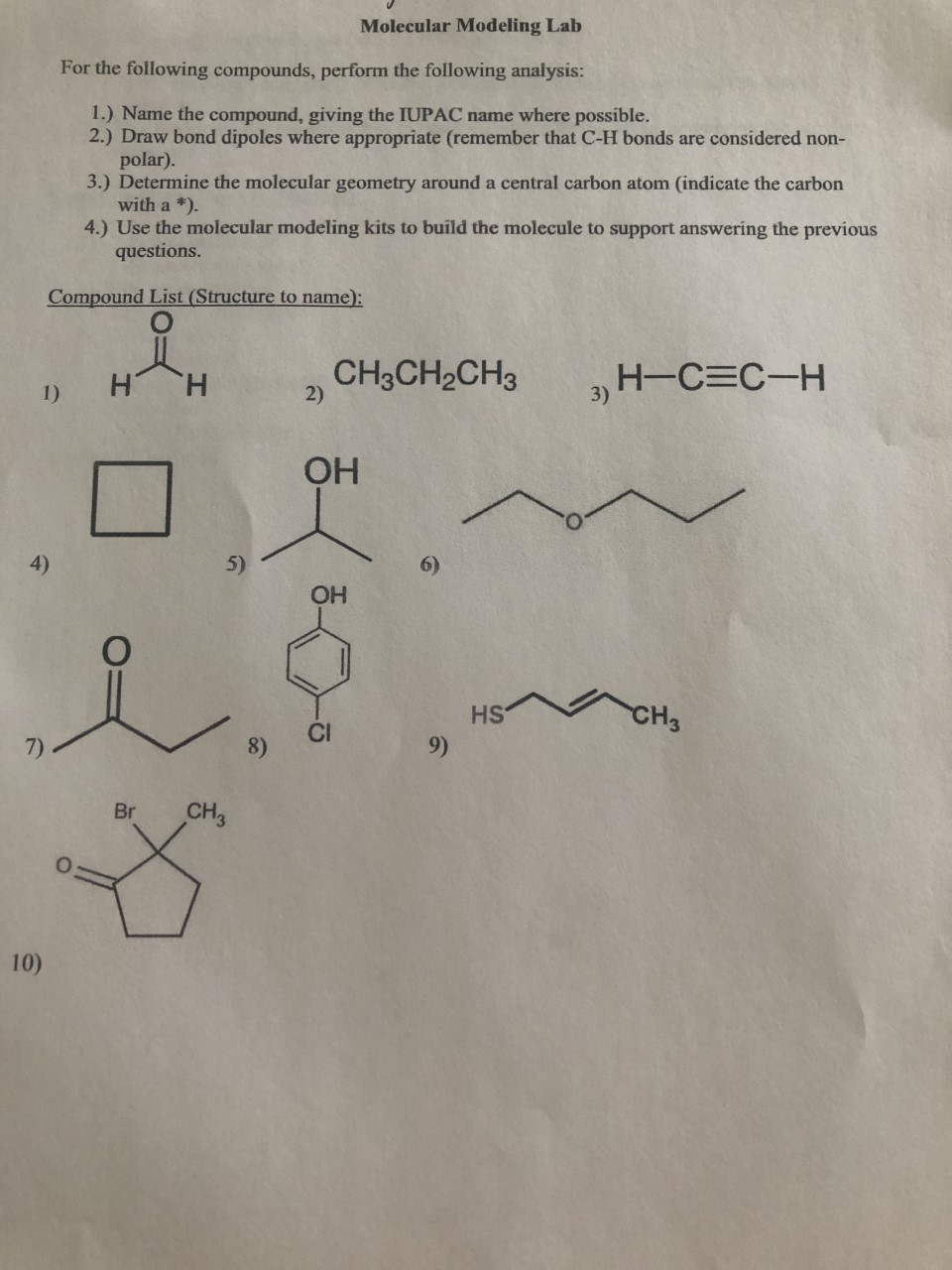 Solved Molecular Modeling Lab For the following compounds, | Chegg.com