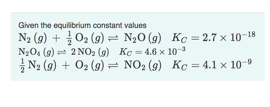 Solved Given the equilibrium constant values N2 (g) + į O2 | Chegg.com