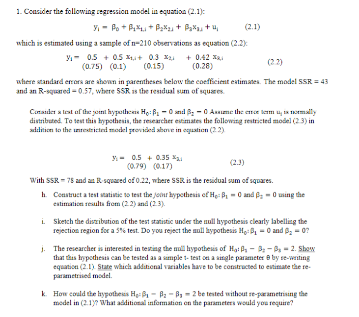 1. Consider the following regression model in | Chegg.com