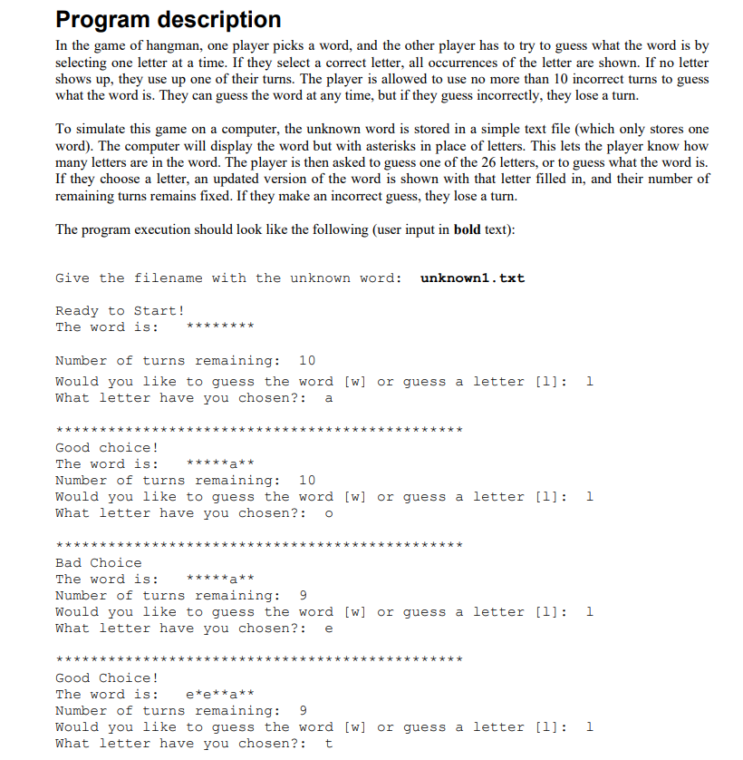 Solved Program description In the game of hangman, one | Chegg.com