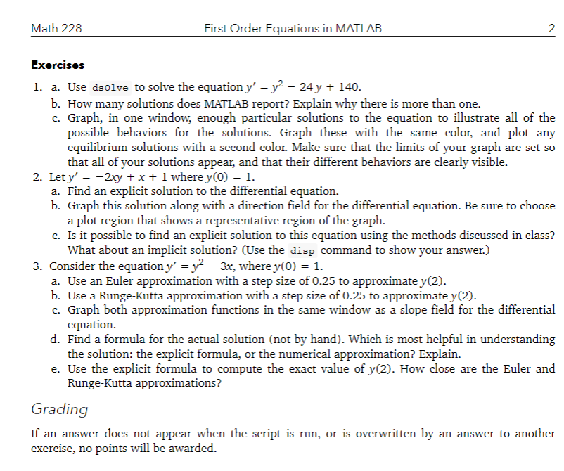 Math 228 First Order Equations in MATLAB Three Views | Chegg.com