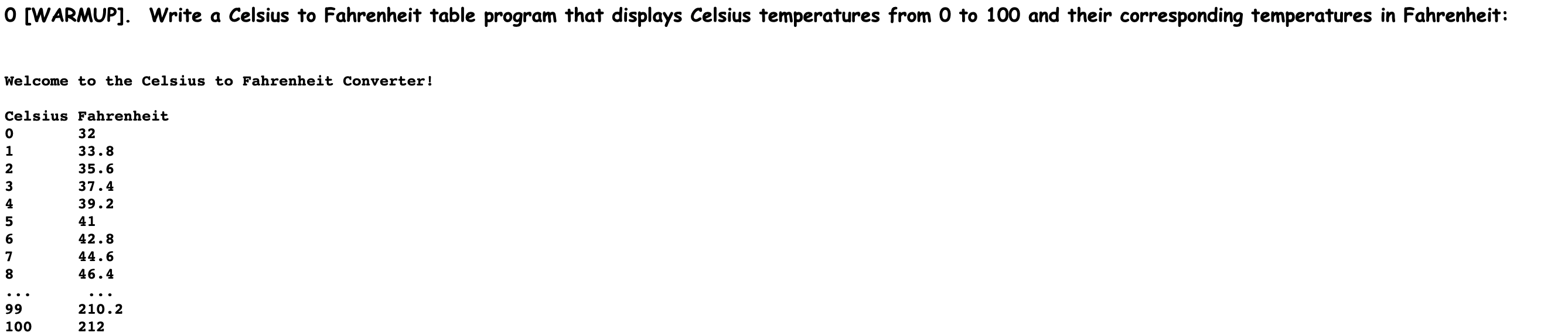 Solved 0 [WARMUP]. Write a Celsius to Fahrenheit table | Chegg.com