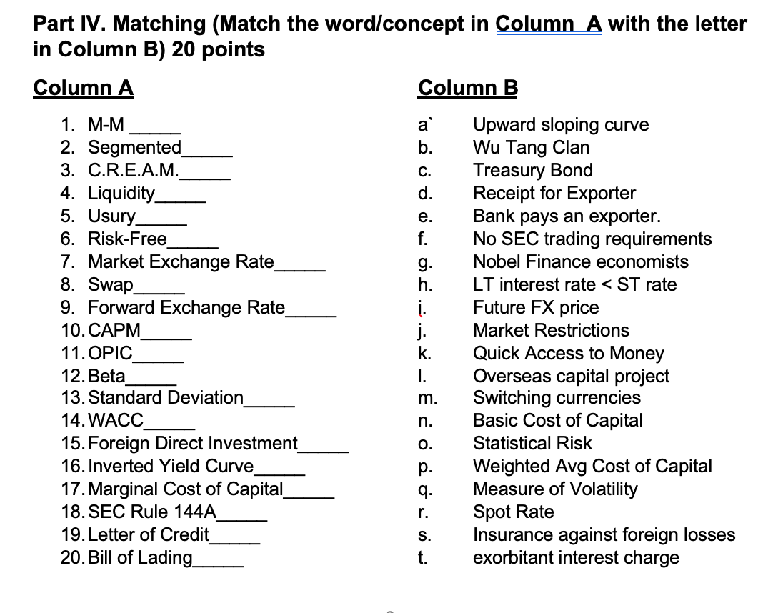 Solved Part IV. Matching (Match the word/concept in Column A | Chegg.com
