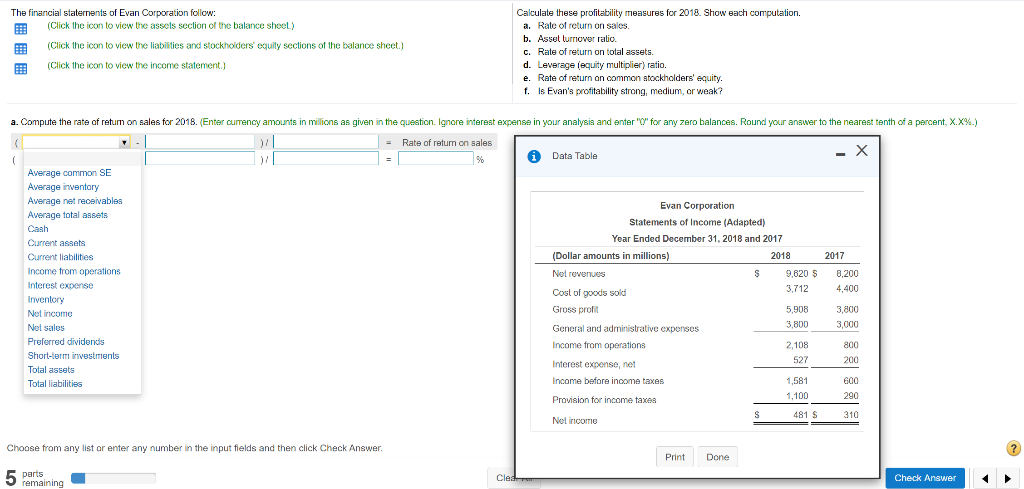 Solved The financial staternents of Evan Corporation follow: | Chegg.com