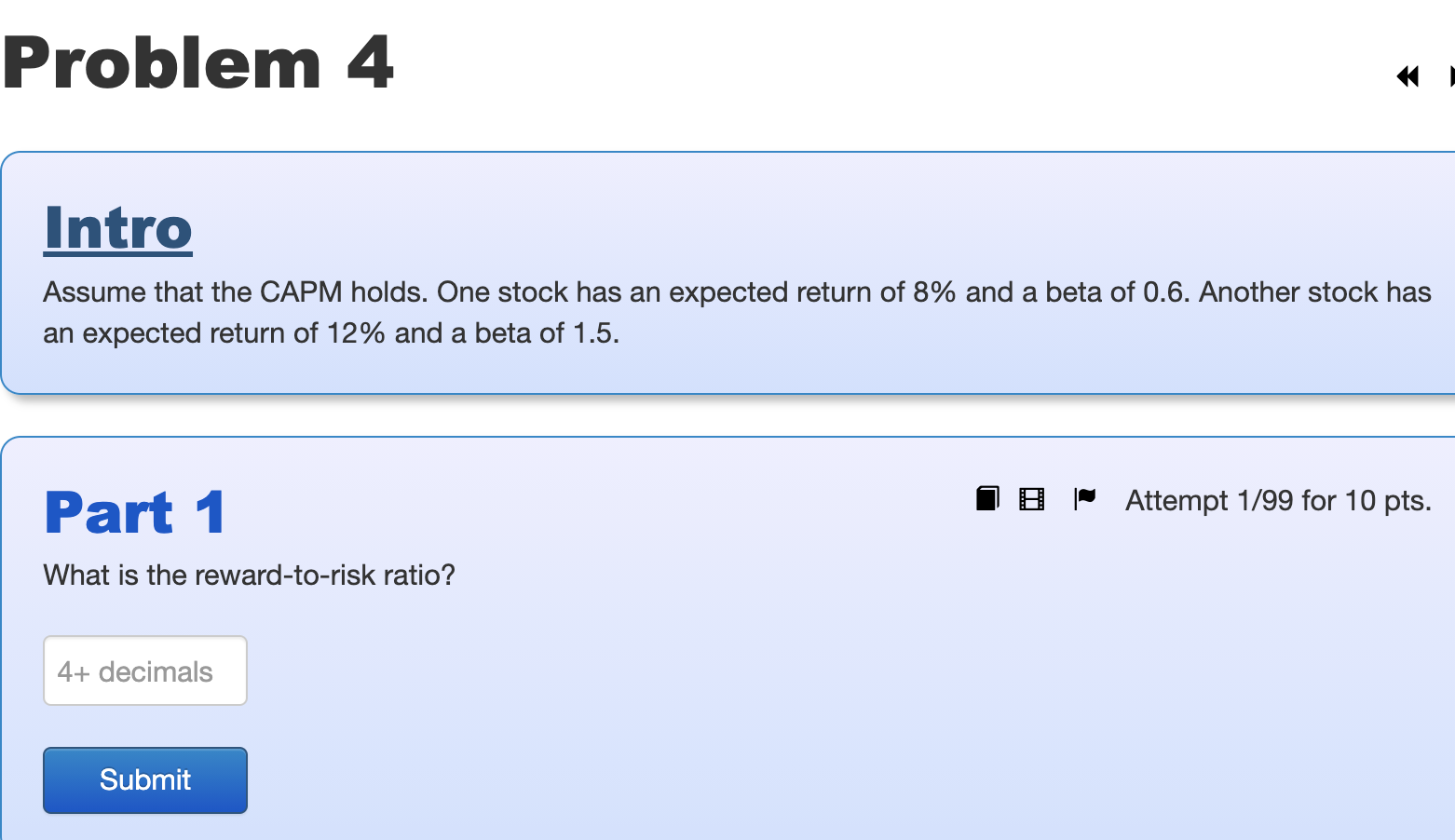 Solved Problem 4 Intro Assume that the CAPM holds. One stock | Chegg.com
