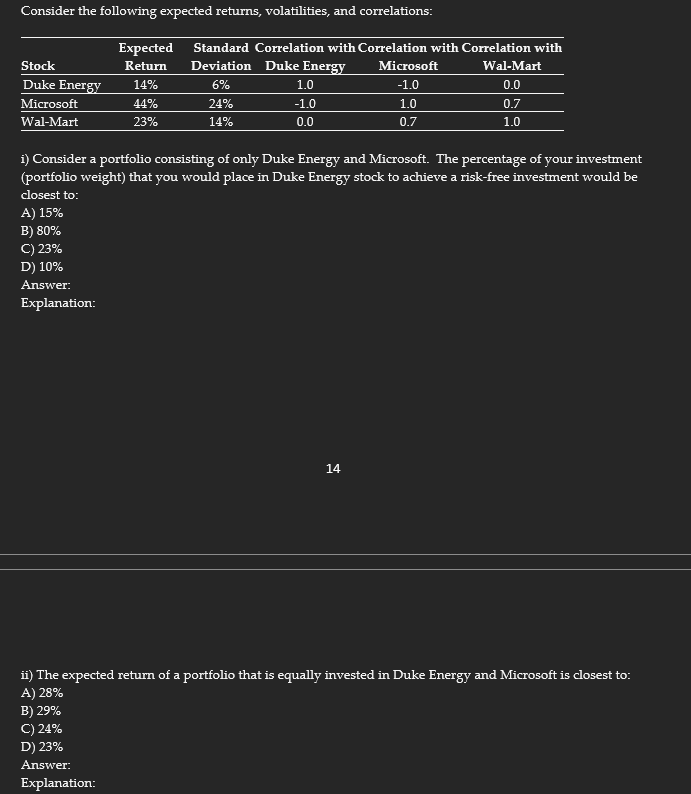 Consider the following expected returns, | Chegg.com