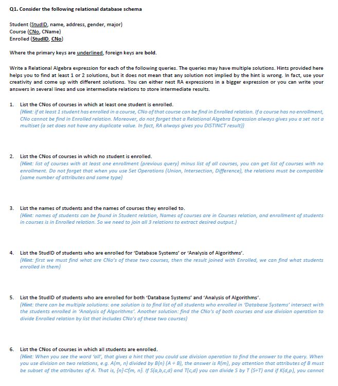 Q1. Consider the following relational database schema | Chegg.com