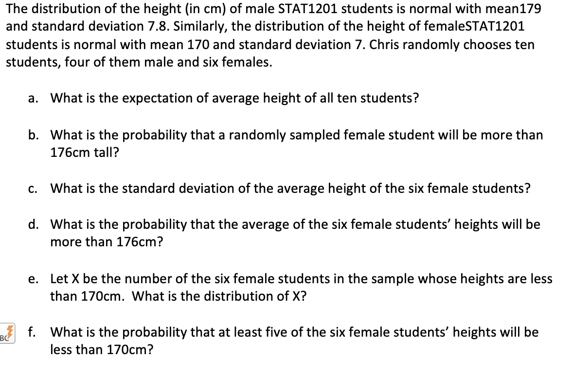 Solved The distribution of the height (in cm) of male | Chegg.com
