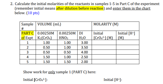 Solved 2. Calculate the initial molarities of the reactants | Chegg.com