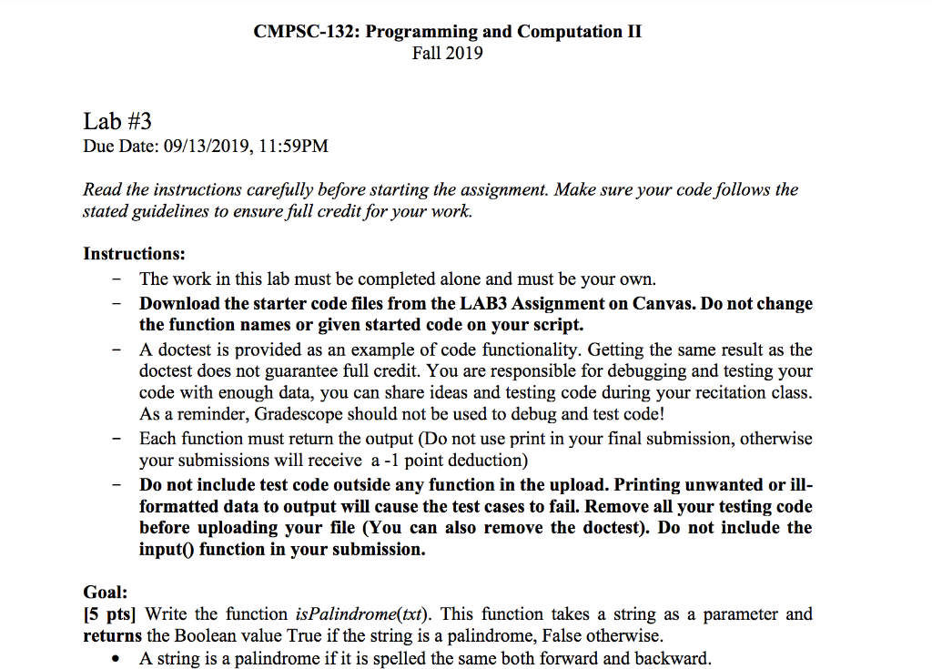 Solved CMPSC-132: Programming and Computation II Fall 2019 | Chegg.com